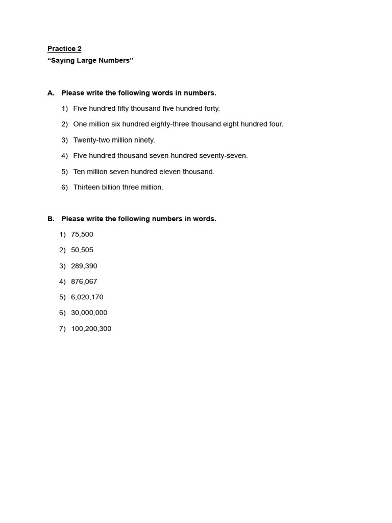 Practice 2 - Large Numbers | PDF