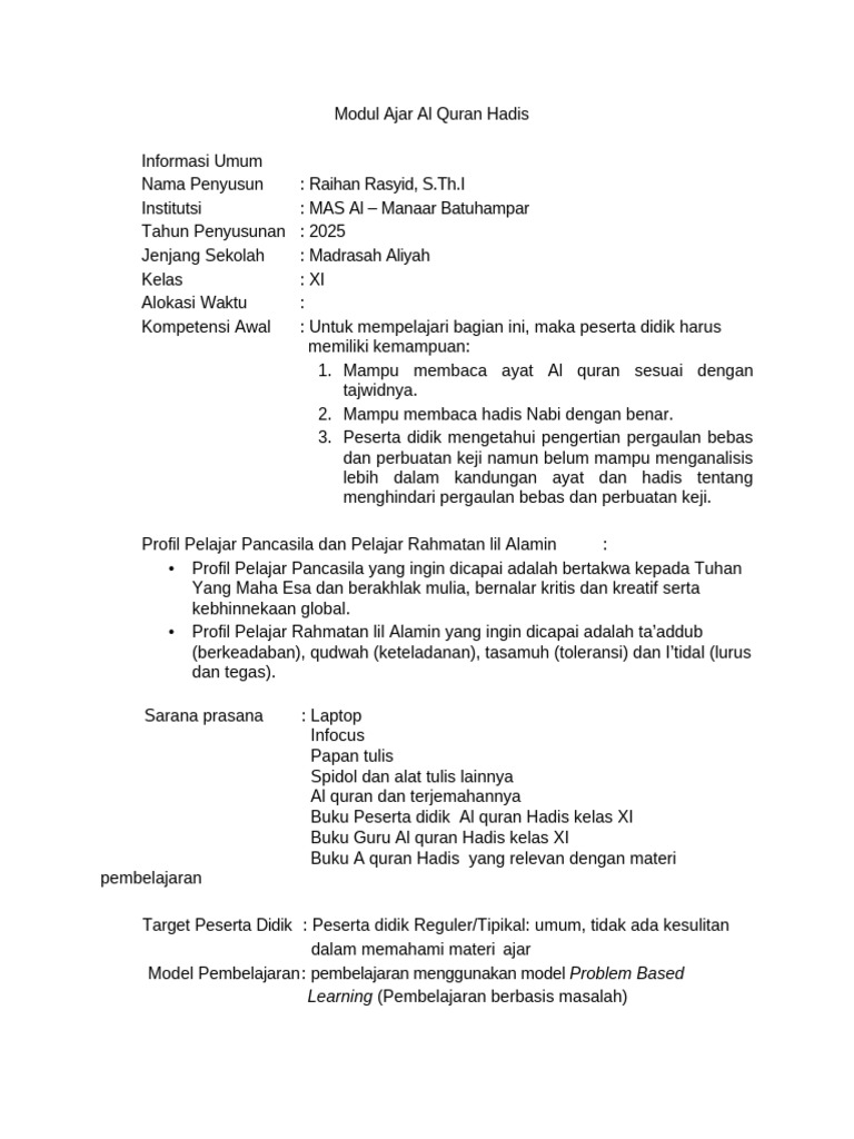 Modul Ajar Quran Hadiskelas XI Menghindari Prilaku Tercela | PDF