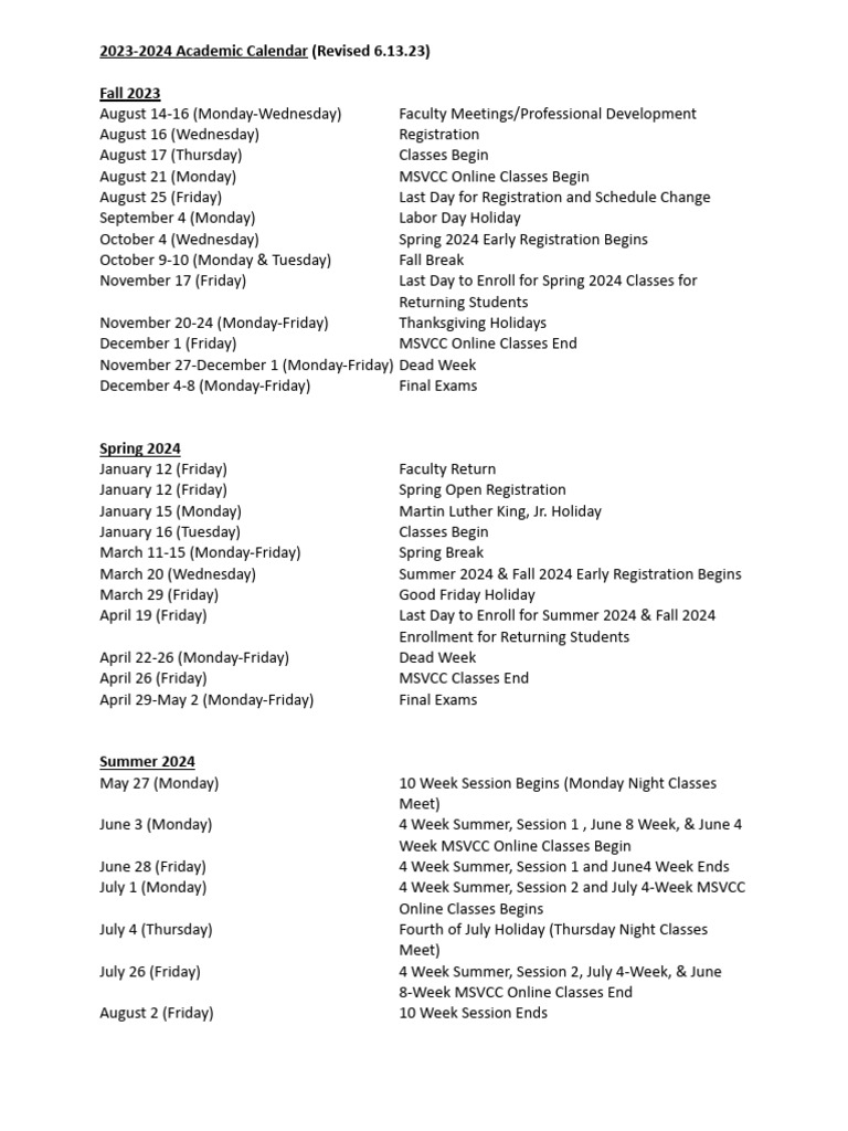 AY2023_2024 Academic Calendar Revised 6.13.23 | PDF | Academic Term | Observances