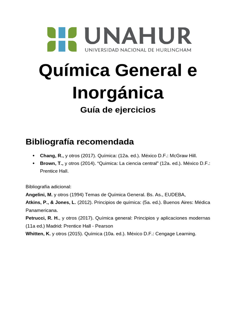 Guía de Ejercicios Química General e Inorgánica 2025 | PDF | Equilibrio químico | Ácido