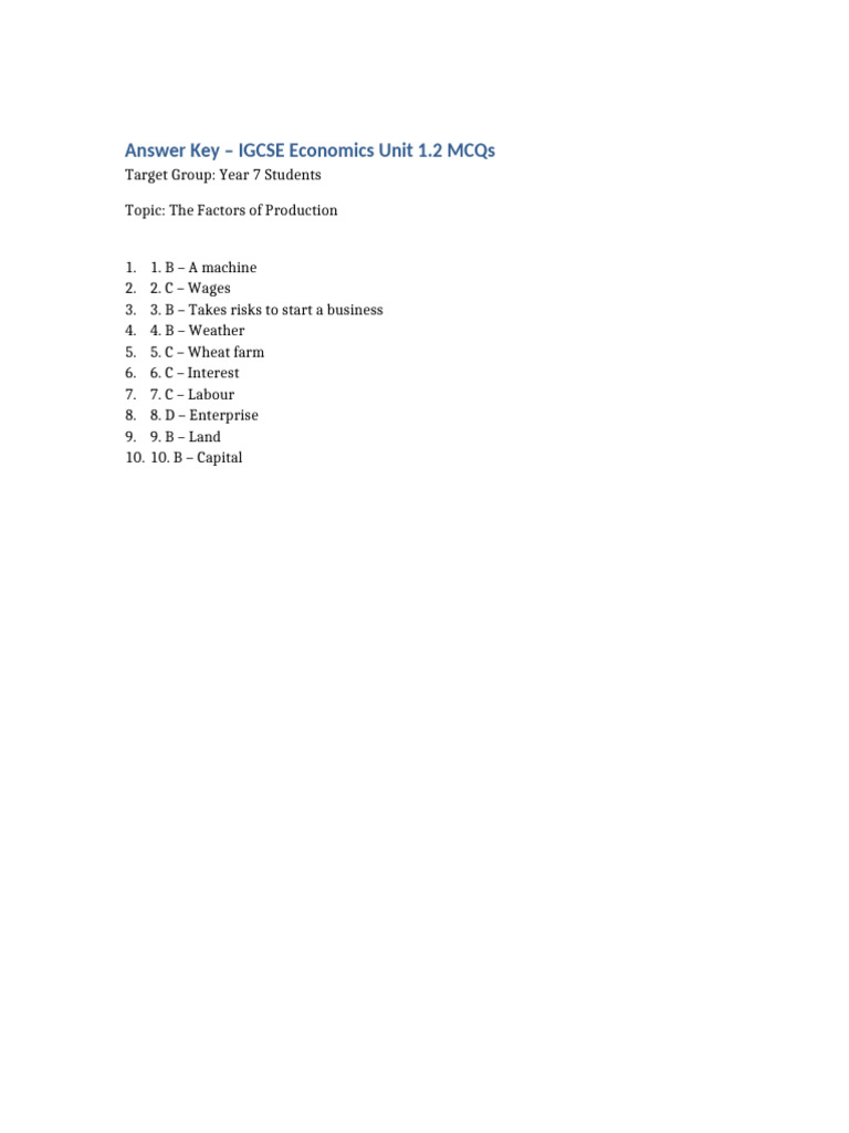 IGCSE Economics Unit 1 2 MCQ AnswerKey Year7 | PDF