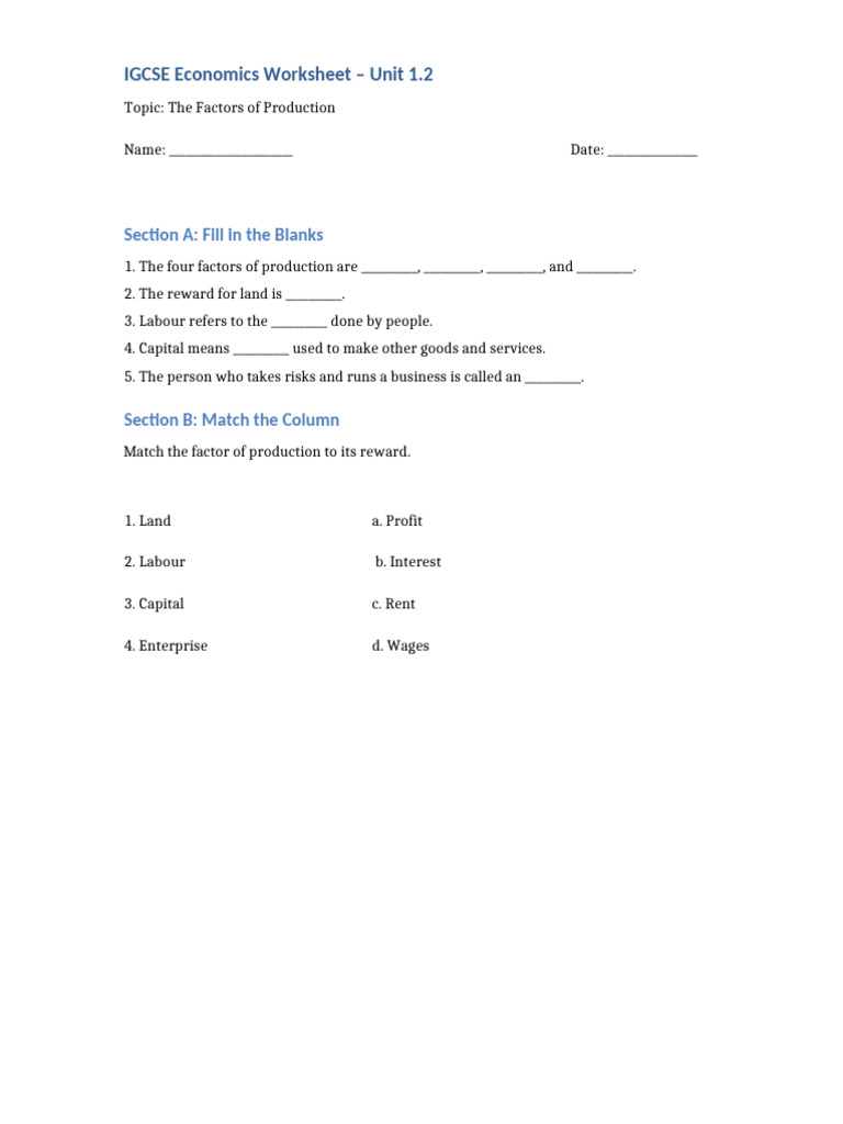IGCSE Economics: Factors of Production Worksheet | PDF