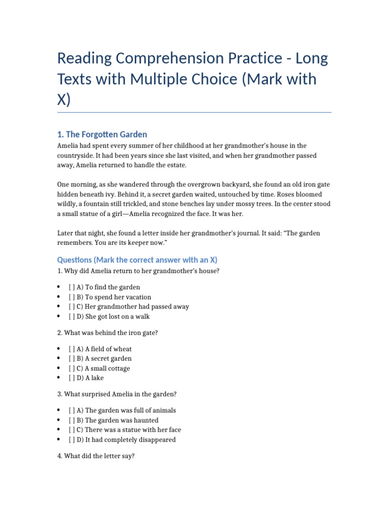 Reading Comprehension Multiple Choice 1 Pdf