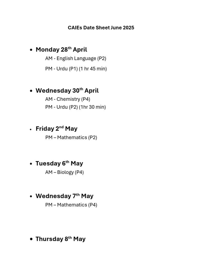 CAIE June 2025 Exam Schedule | PDF