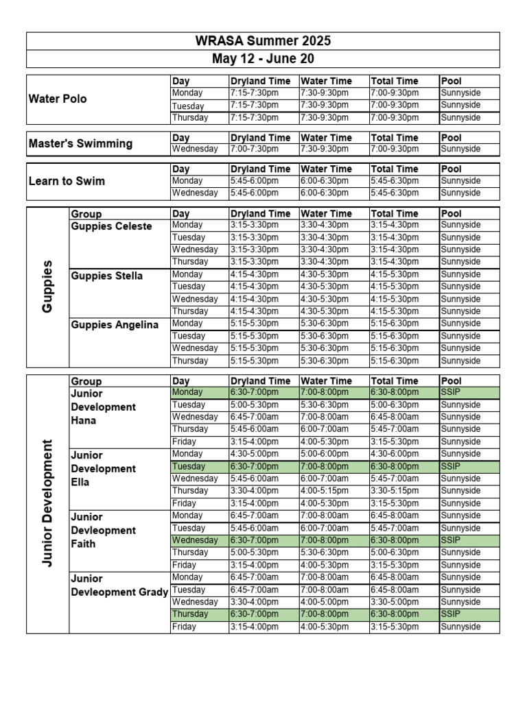 WRASA Summer 2025 Training Groups Schedule May 12 - June 20 | PDF