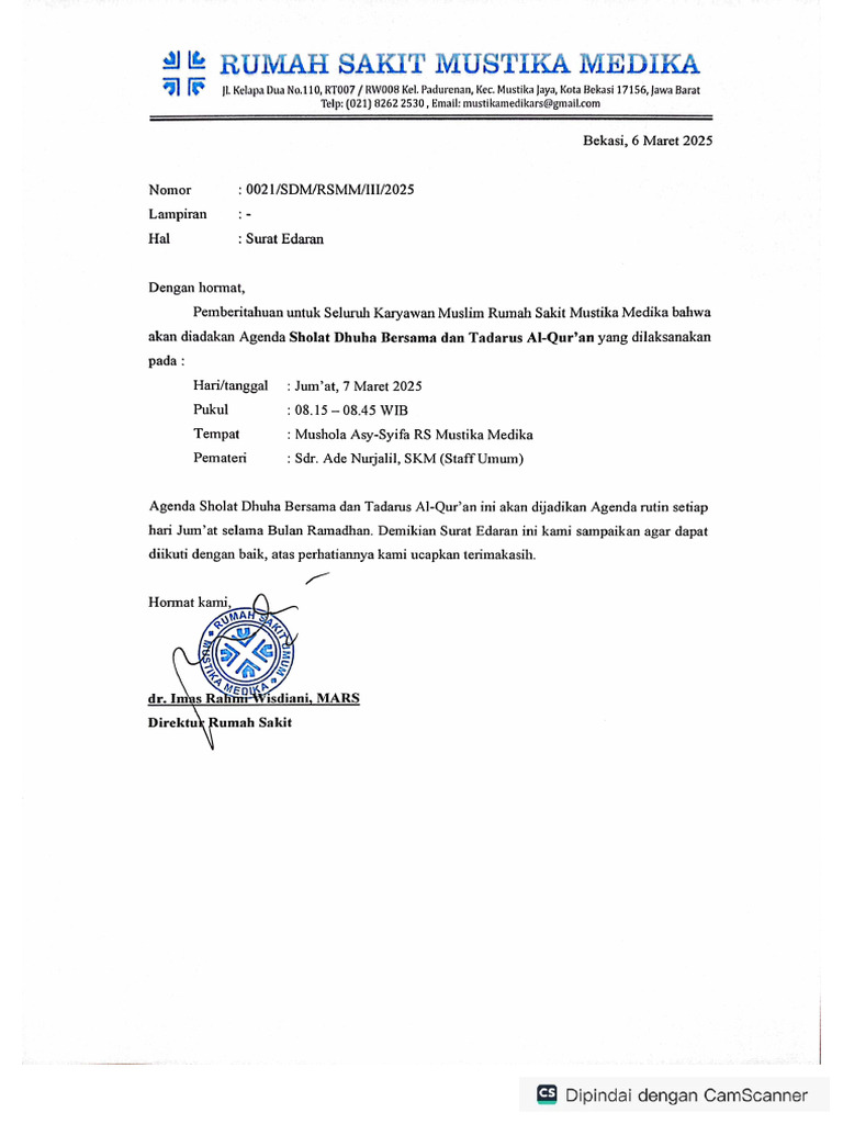 0021. Surat Edaran Agenda Sholat Dhuha dan Tadarus Al-Qur'an RS Mustika Medika | PDF