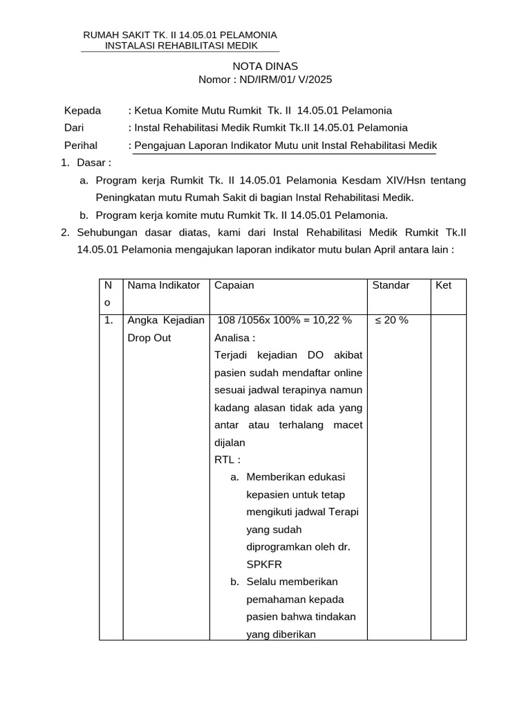 Nota Dinas Mutu Rehab Medik April 2025 | PDF