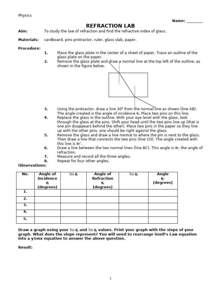 Refraction - Lab 2020 3 | PDF | Refraction | Glasses