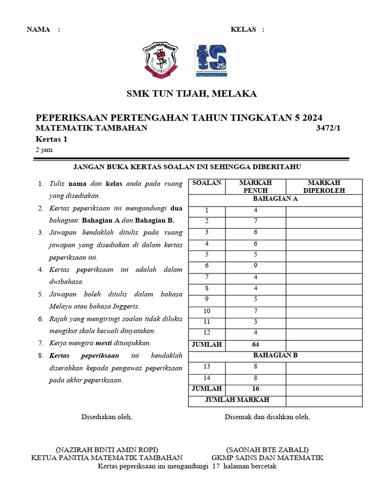 SMK Tun Tijah, Melaka Peperiksaan Pertengahan Tahun Tingkatan 5 2024 | PDF