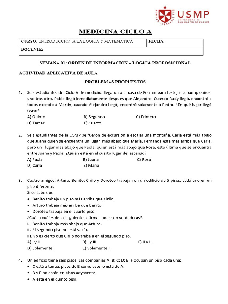 PRACTICA S01 INTROD A LA MAT(guia_orden_inf_logica) | PDF | Proposición | Lógica