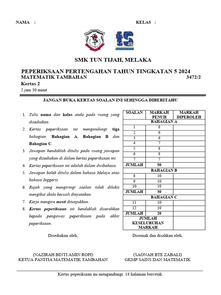 SMK Tun Tijah, Melaka Peperiksaan Pertengahan Tahun Tingkatan 5 2024 | PDF