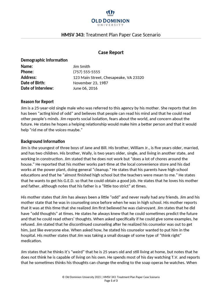 Treatment Plan Paper - Case Scenario-1 | PDF | Mental Health | Disability