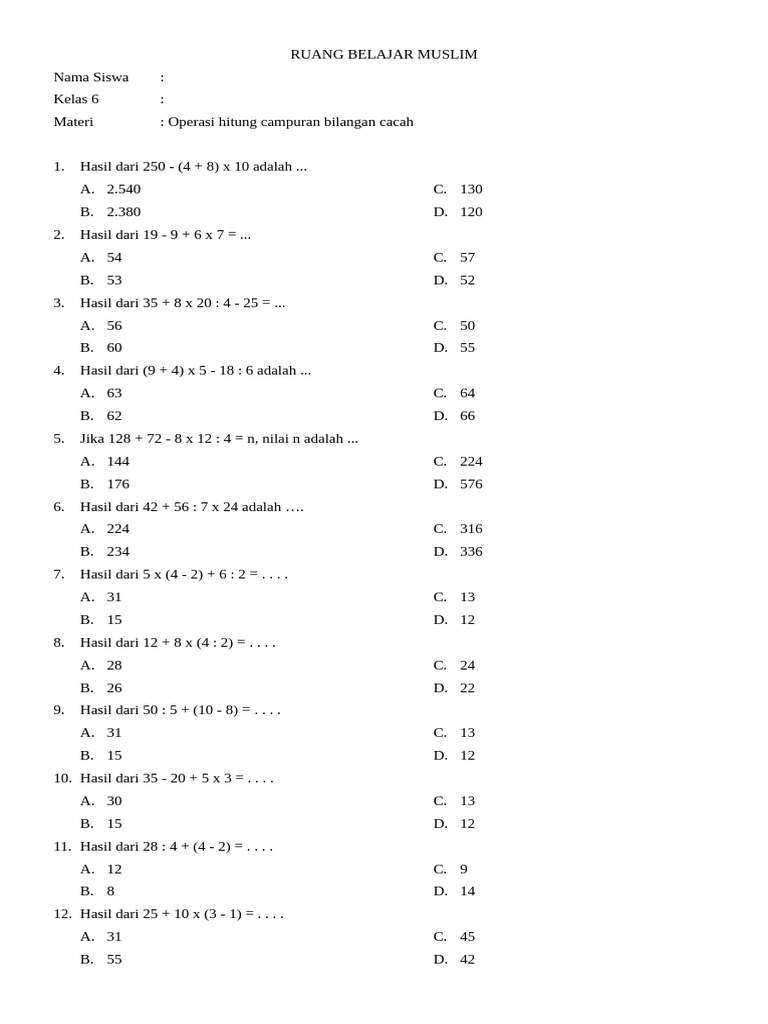 Asesmen RBM - Kelas 6 - Bilangan Cacah | PDF