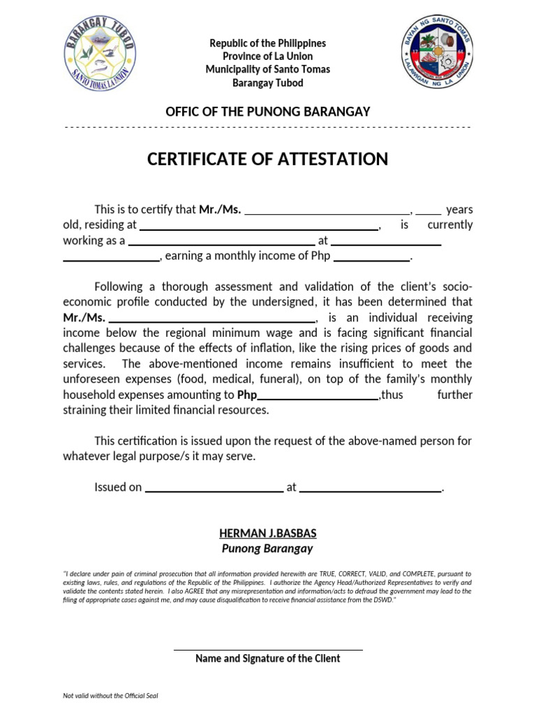 Certificate of Attestation for Low Income | PDF | Economies