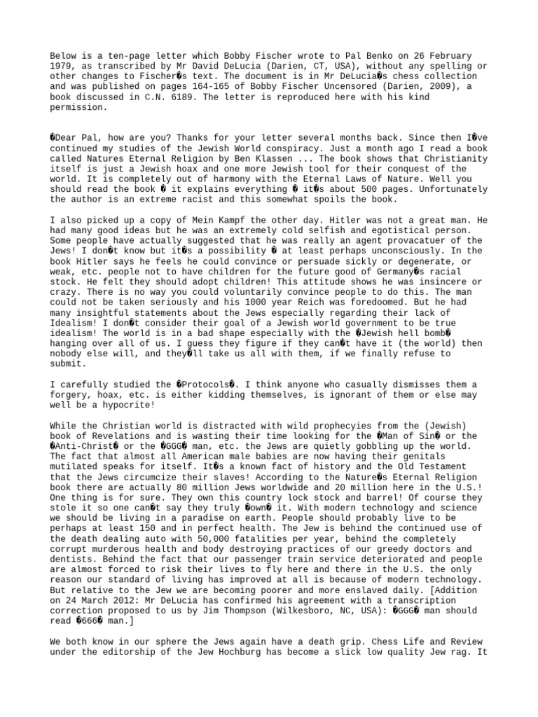 Bobby Fischer's Controversial 1979 Letter | PDF