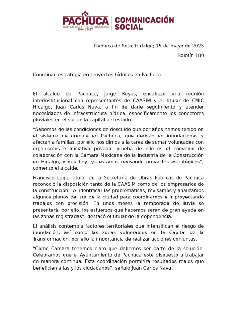 Bol.180 Coordinan Estrategia en Proyectos Hídricos en Pachuca | PDF