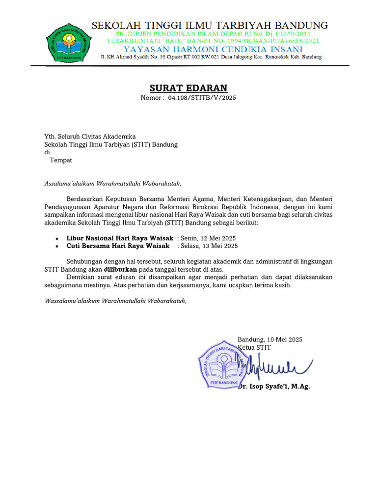 Libur Waisak di STIT Bandung 2025 | PDF