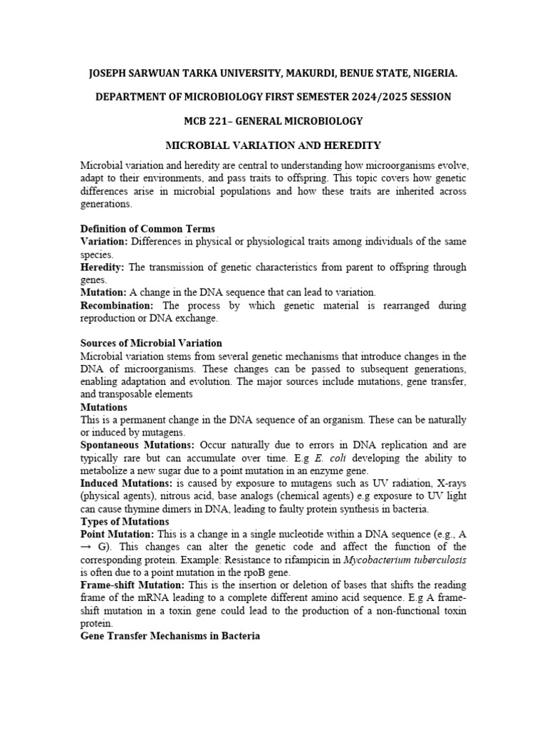 MCB 221-2025-Microbial Variation and Heredity | PDF | Gene | Bacteria