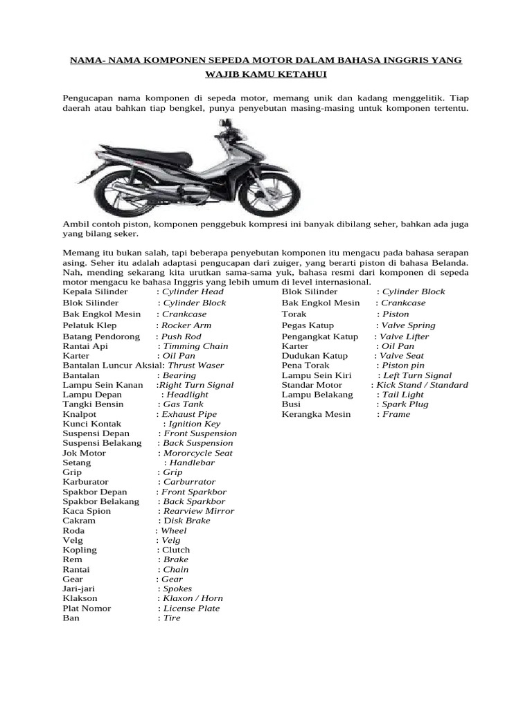 Komponen Sepeda Motor dalam Bahasa Inggris | PDF