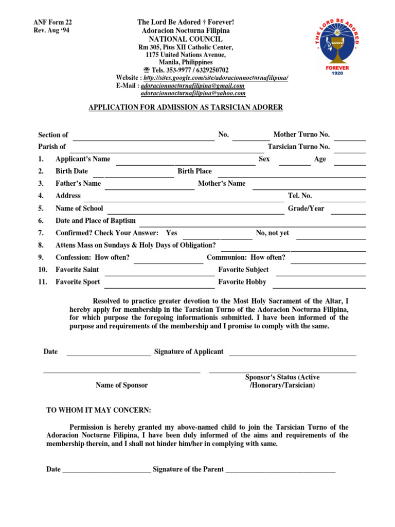 ANF Form 22 Rev. Aug 94 | PDF | Religious Rituals | Christian Worship ...