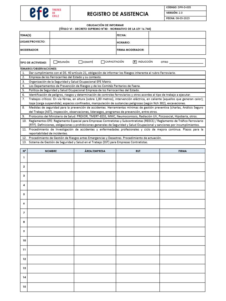 DPR-D-005 Registro de Asistencia - V2 - Eecc | PDF | Seguridad y salud ocupacional