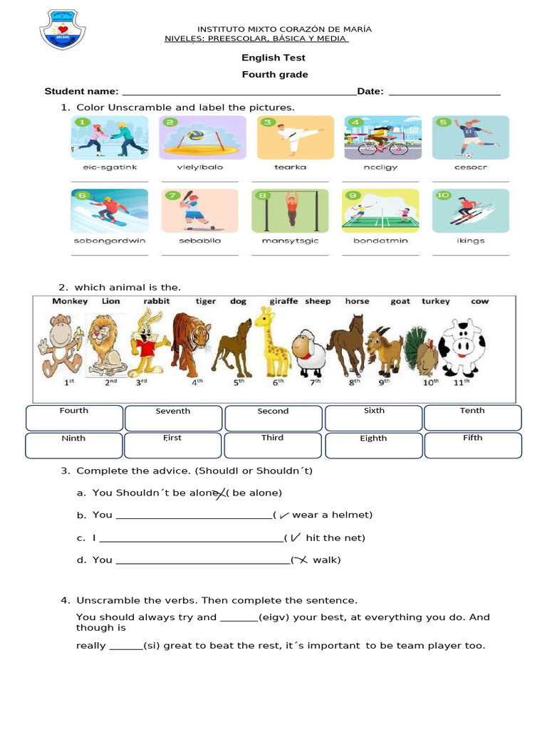 ENGLISH TEST - GRADE 4 - FINAL PERIOD. | PDF