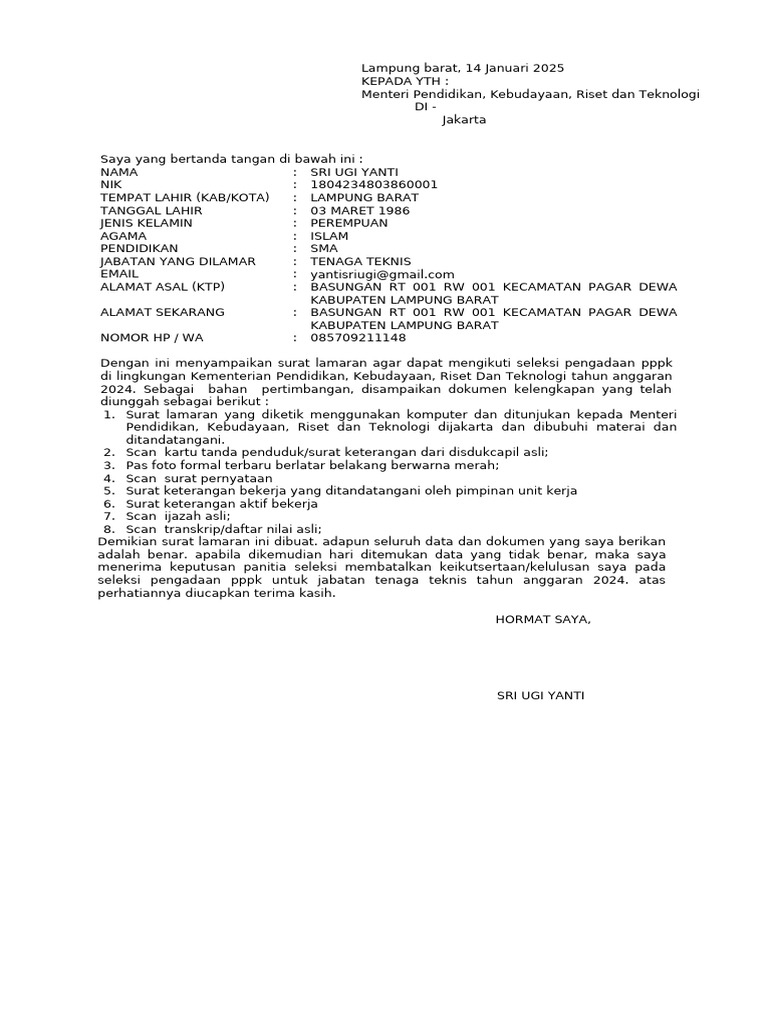 9515 - Format Lamaran Dan Surat Pernyataan PPPK TEKNIS 2024 | PDF