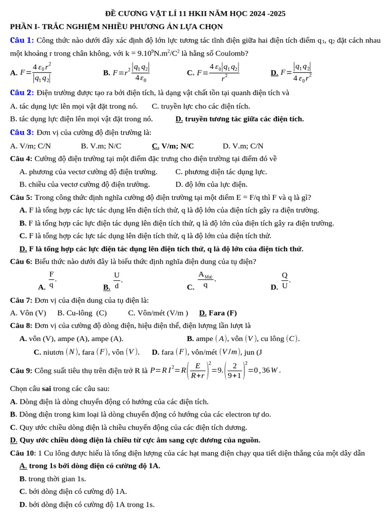 HS-ĐỀ CƯƠNG VẬT LÍ 11 HKII NĂM HỌC 2024-2025 | PDF