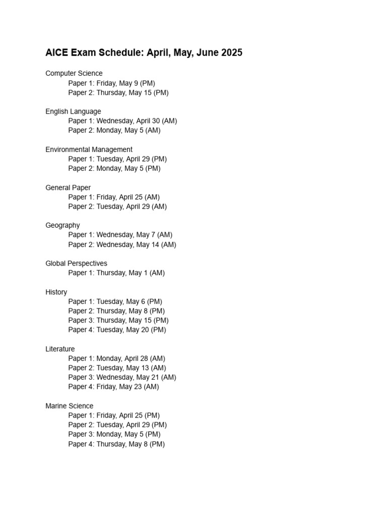 AICE Exam Schedule - April, May, June 2025 | PDF