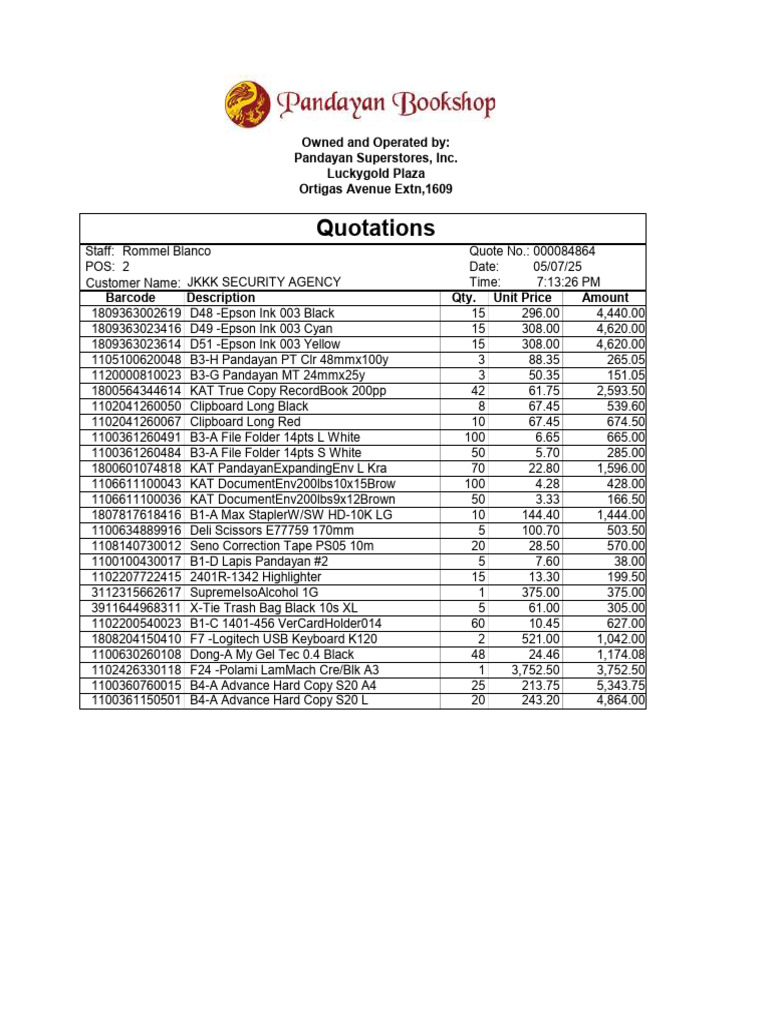 Epson Ink Quotation from Pandayan | PDF
