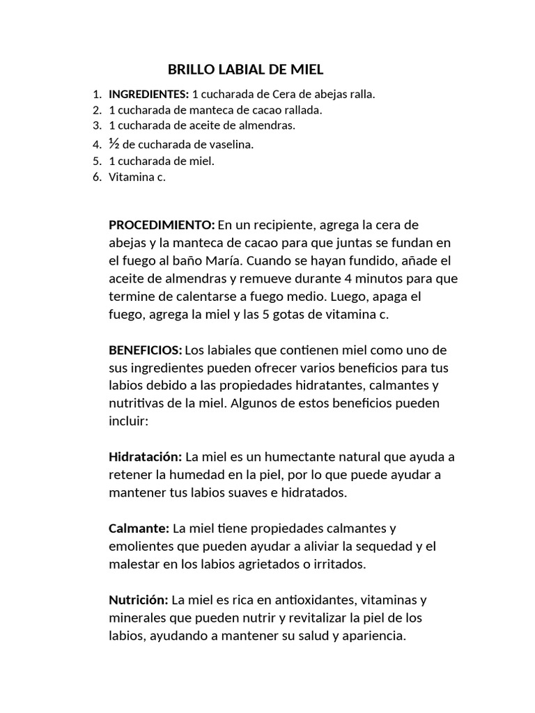 Brillo Labial de Miel | PDF | Miel | Productos cosméticos