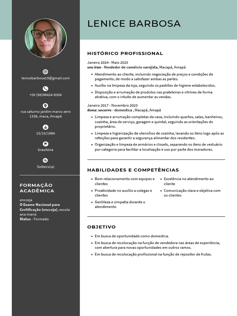 Currículo de Lenice Barbosa: Vendas e Limpeza | PDF | Economias