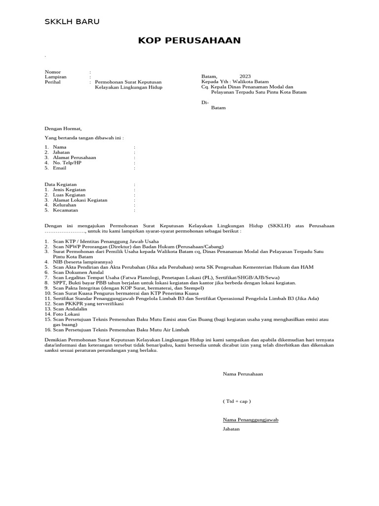 Surat Permohonan Persetujuan Lingkungan | PDF