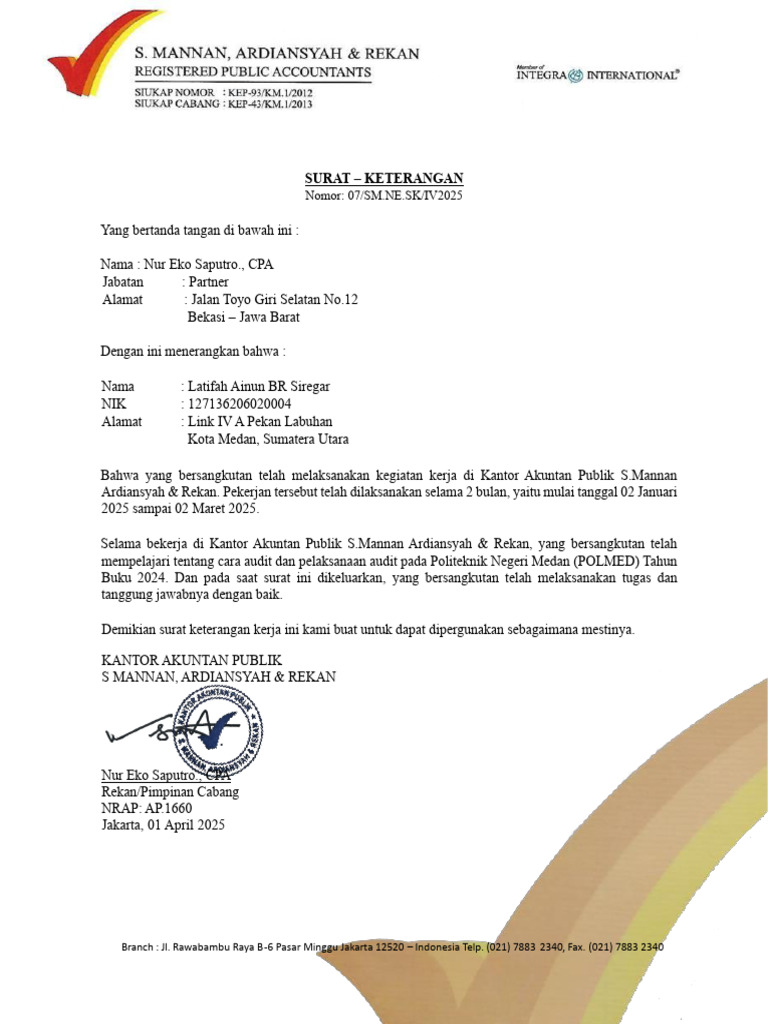 Surat Keterangan Kerja POLMED 2024 Latifah Ainun BR Siregar | PDF