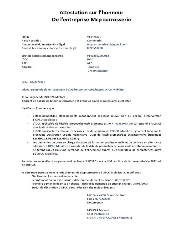 Attestation de rattachement à OPCO Mobilités | PDF