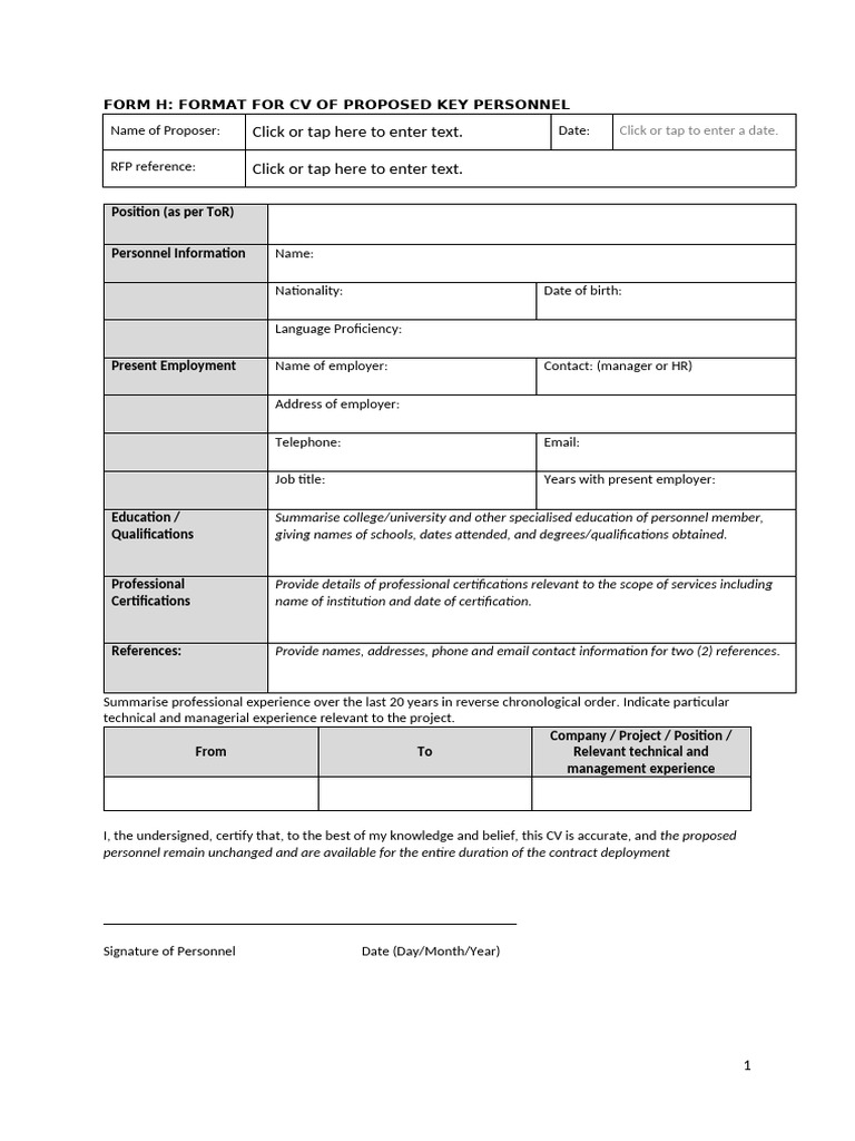 Format For CV of Proposed Key Personnel | PDF