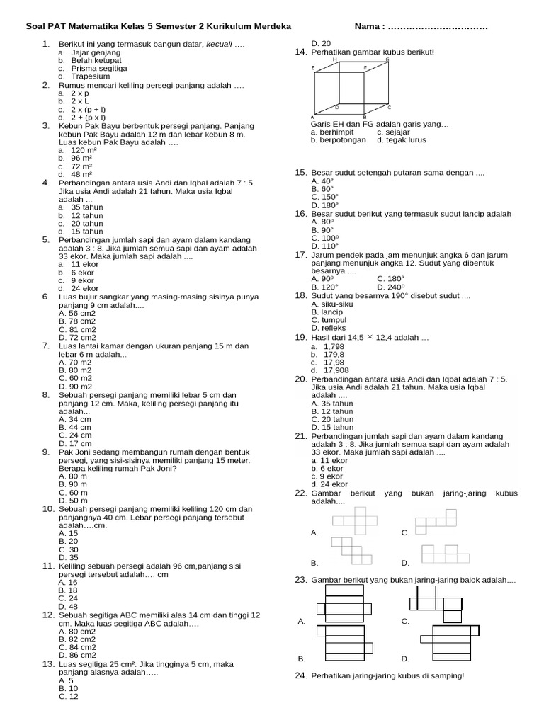 Soal PAT Matematika Kelas 5 Semester 2 Kurikulum Merdeka | PDF
