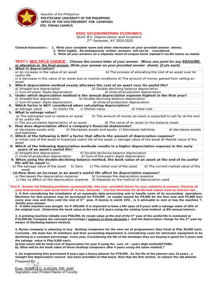 QUIZ #3 ENSC 023 (ECE - IE) - Depreciation, Gradient | PDF ...