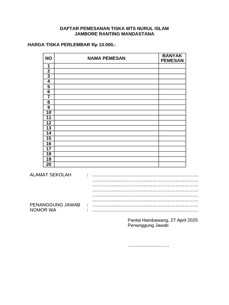 Daftar Pemesanan Tiska | PDF