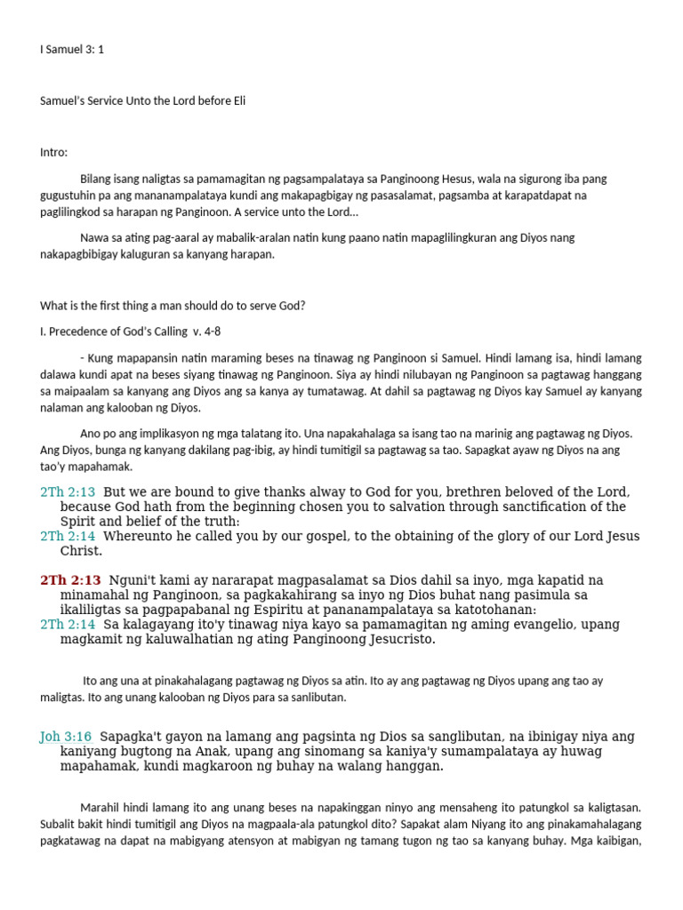 Samuel - S Ministry Unto The Lord Before Eli | PDF