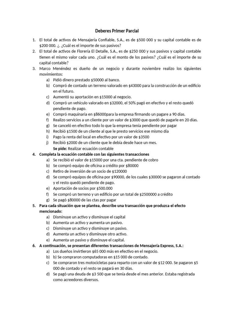 Guia de Deberes Ejercicios Del 1 Al 20 Primer Parcial | PDF | Contabilidad | Salario