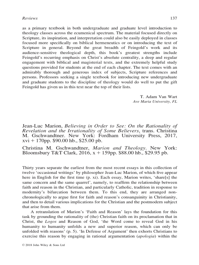 Review of Marion's 'Believing in Order To See' and 'Marion and Theology ...