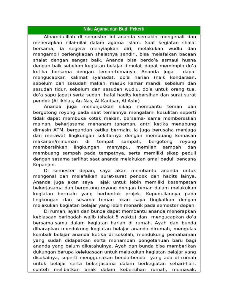Contoh Narasi Raport | PDF