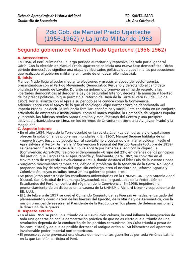 Historia del Perú: Gobierno de Prado (1956-1962) | PDF | Perú