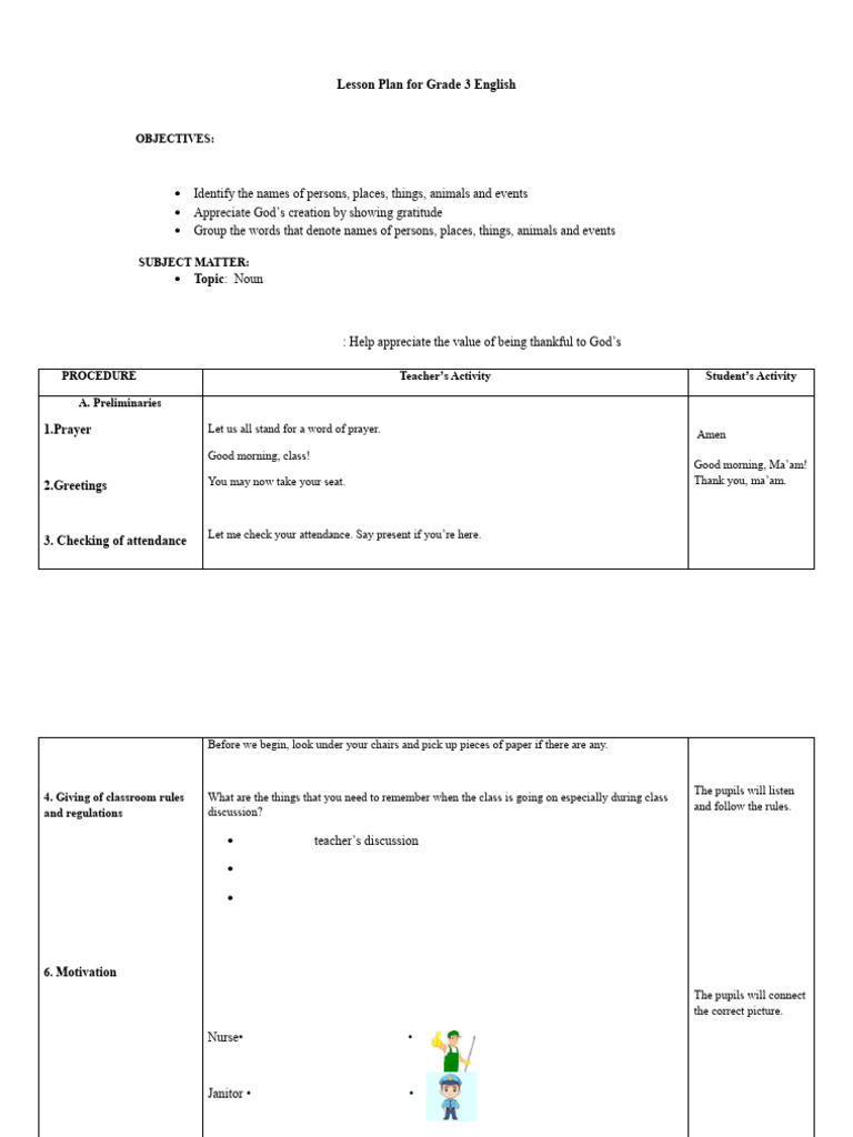 Grade 3 English Noun Lesson Plan | PDF | Lesson Plan | Noun