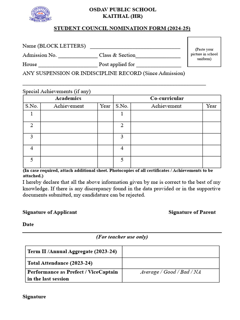 Student Council Nomination Form 2024-25 | PDF