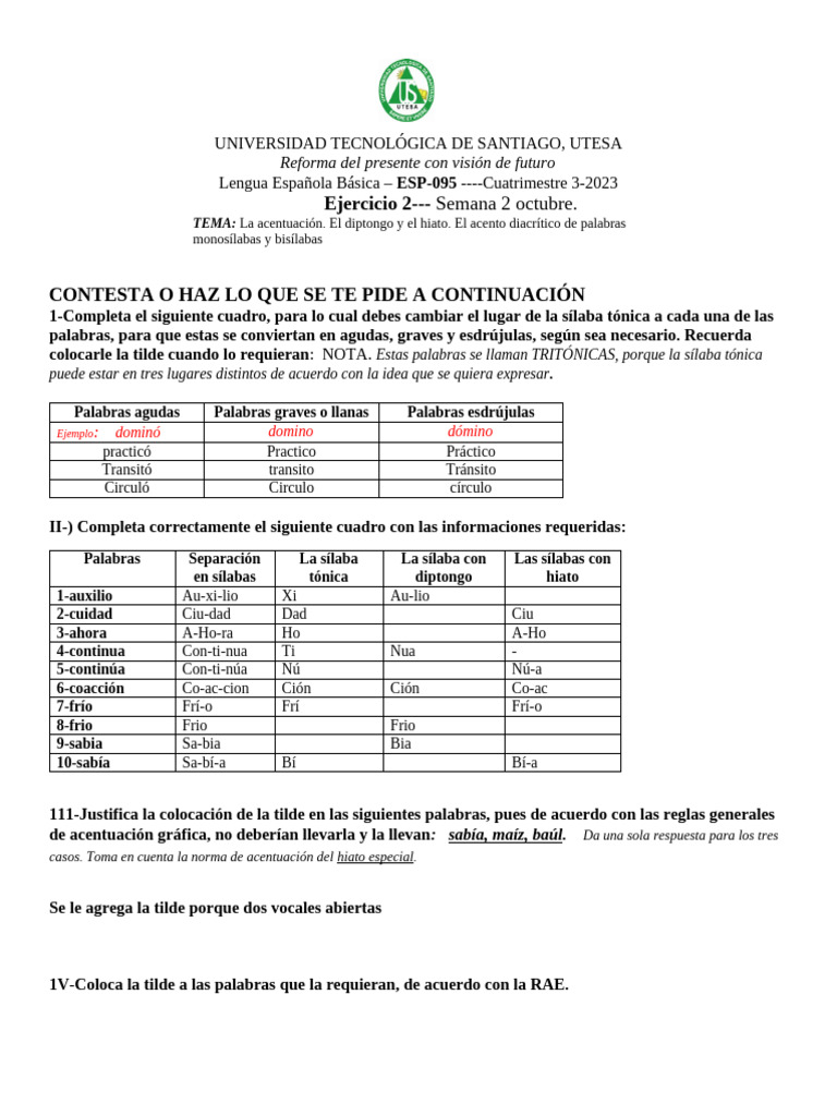 Práctica 2-Acent S Tón Dipt, Hiat, Diac 3-23 | PDF | Fonética | Lingüística
