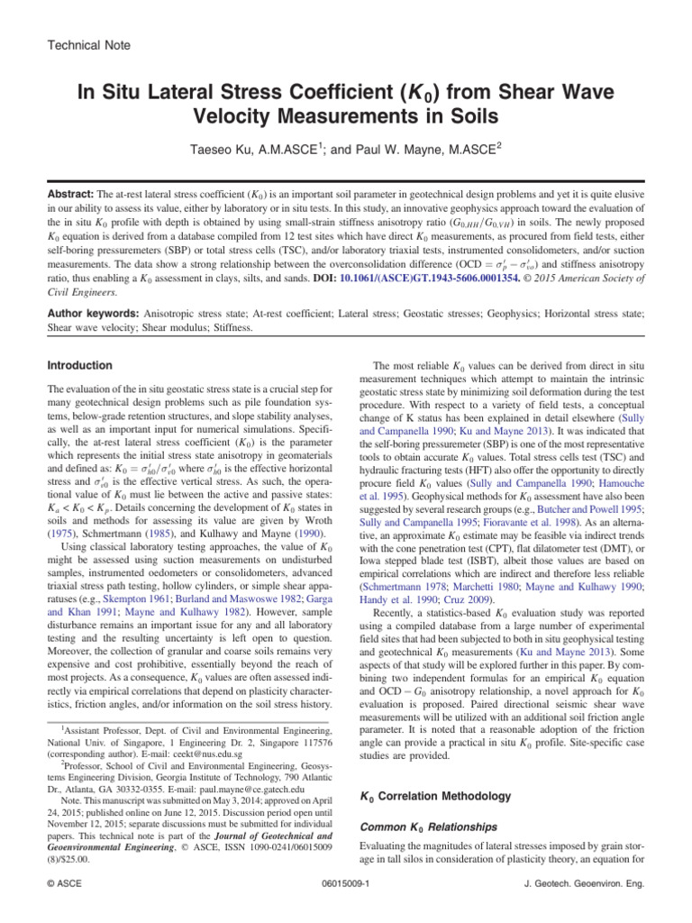 In Situ Lateral Stress Coeficient (K0) From Shear Wave Velocity Measurements in Soils | PDF ...