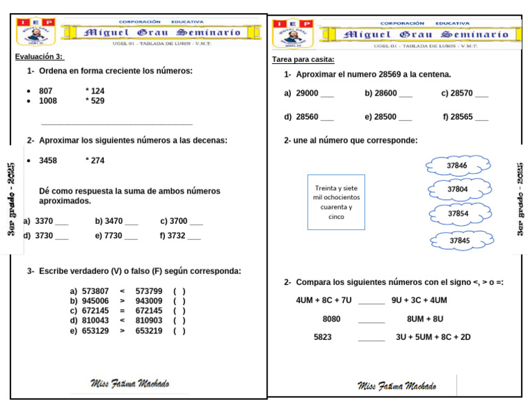 ficha de aritmetica 4to Aproximacion y orden de numeros | PDF
