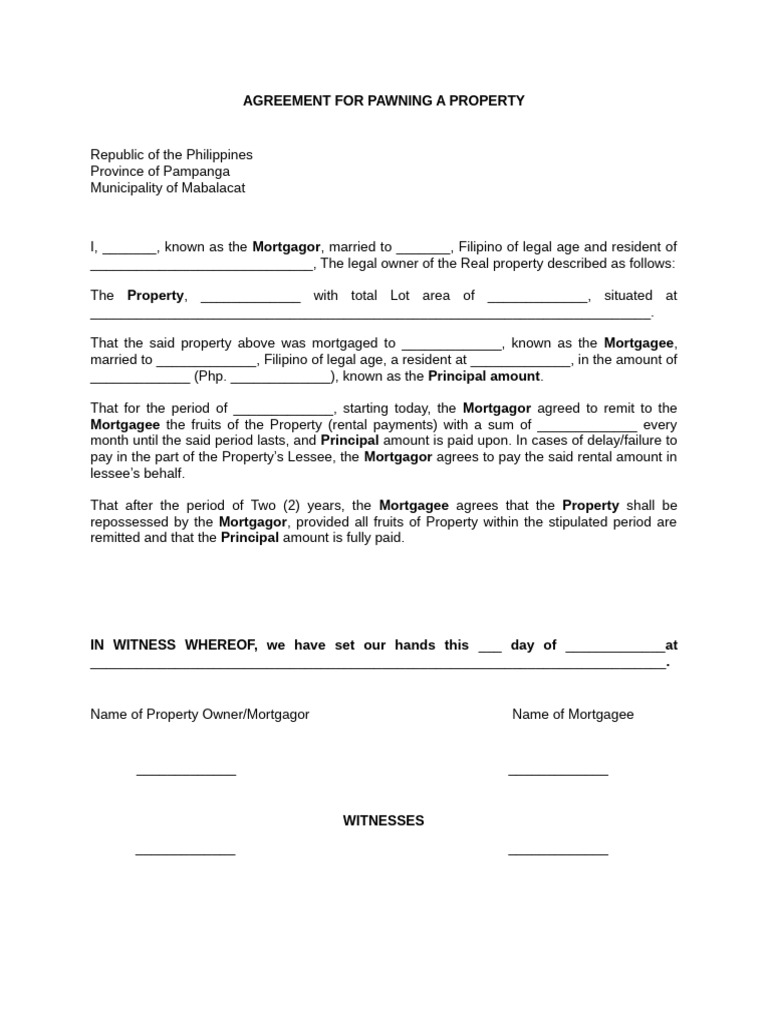Agreement For Pawning A Property | PDF